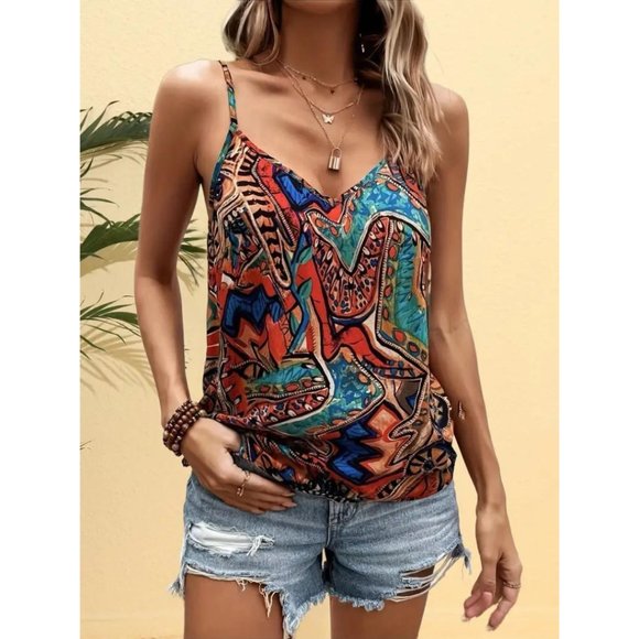 Tops | Art Deco Abstract Geometric Print Cami Sleeveless Tank Top ...